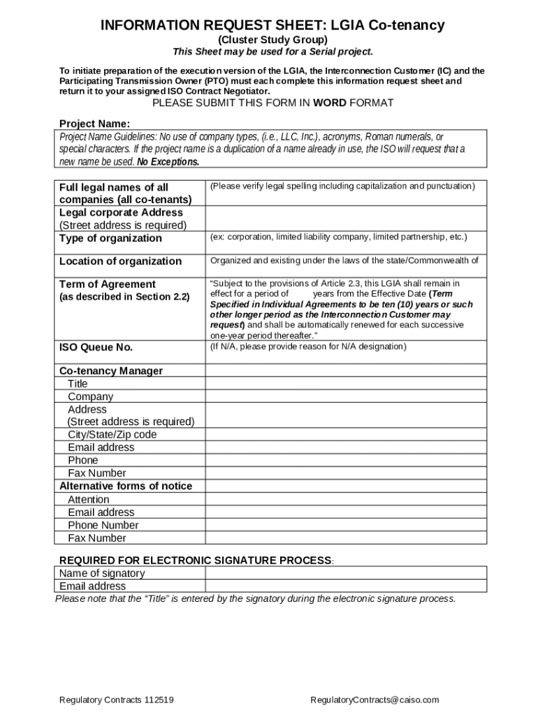 Large Generator Interconnection Agreement Co-tenancy Ination Request Sheet Doc Template | pdfFiller