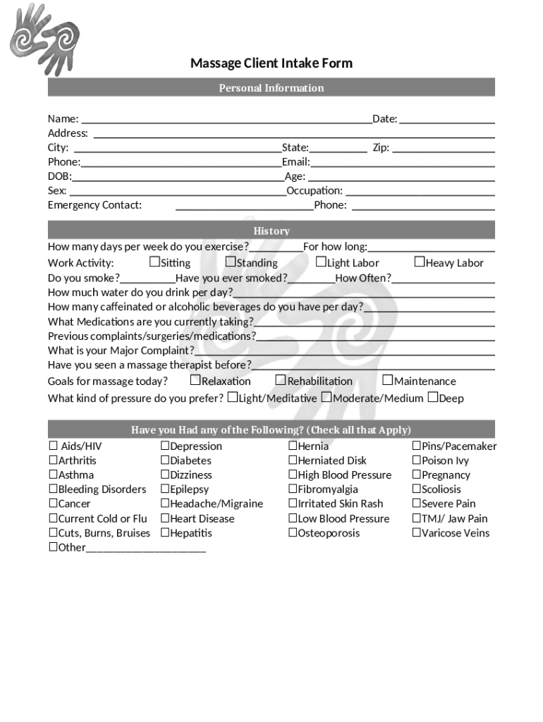 Massage Client Intake Doc Template | pdfFiller