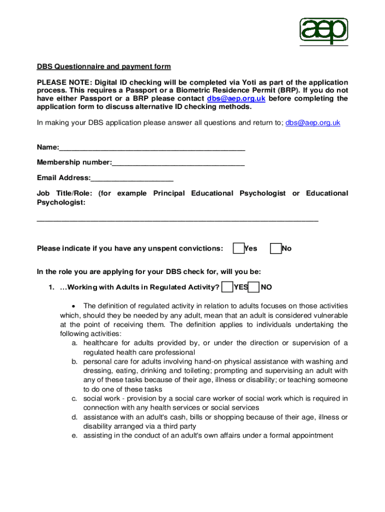 Fillable Online Dbs Questionnaire and Payment Form 2023 - Essential for Educational Roles Fax ...