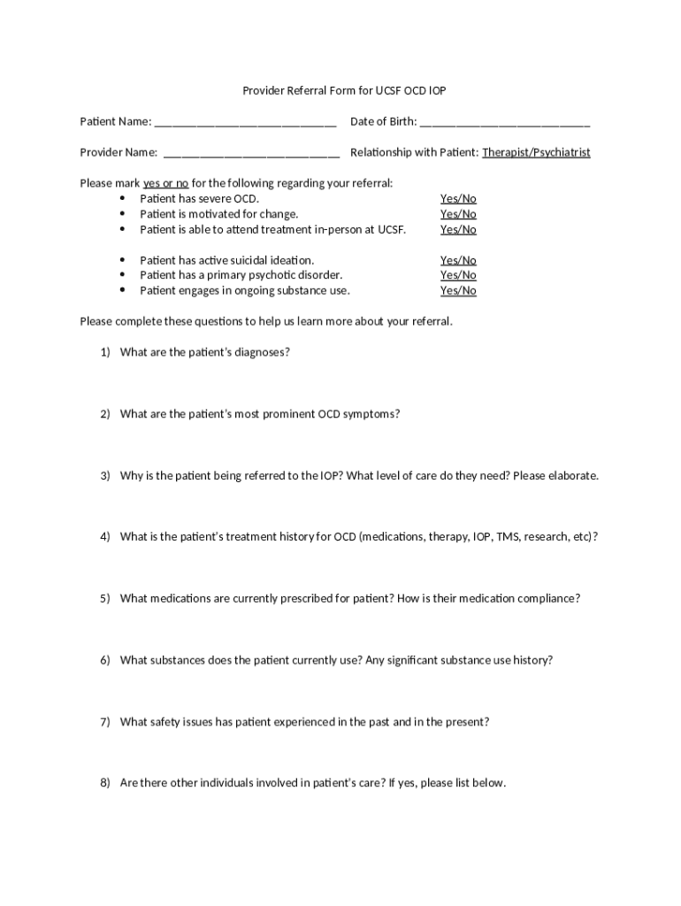 Provider Referral for Ucsf Ocd Iop Doc Template | pdfFiller