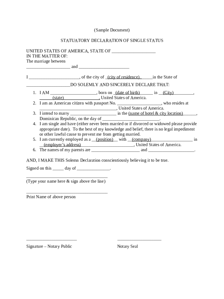 Statutory Declaration of Single Status Doc Template | pdfFiller
