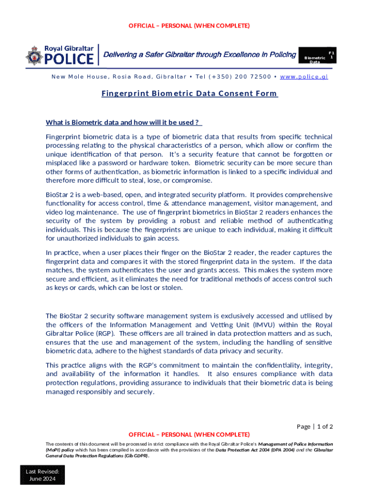Fingerprint Biometric Data Consent Doc Template | pdfFiller