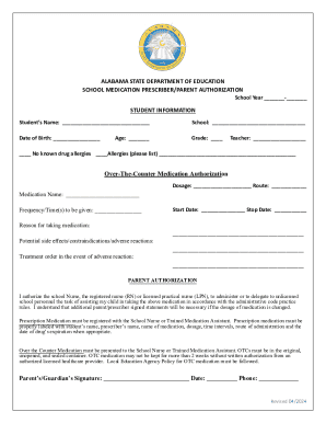 Fillable Online School Medication Authorization Form 2024 - Alabama ...
