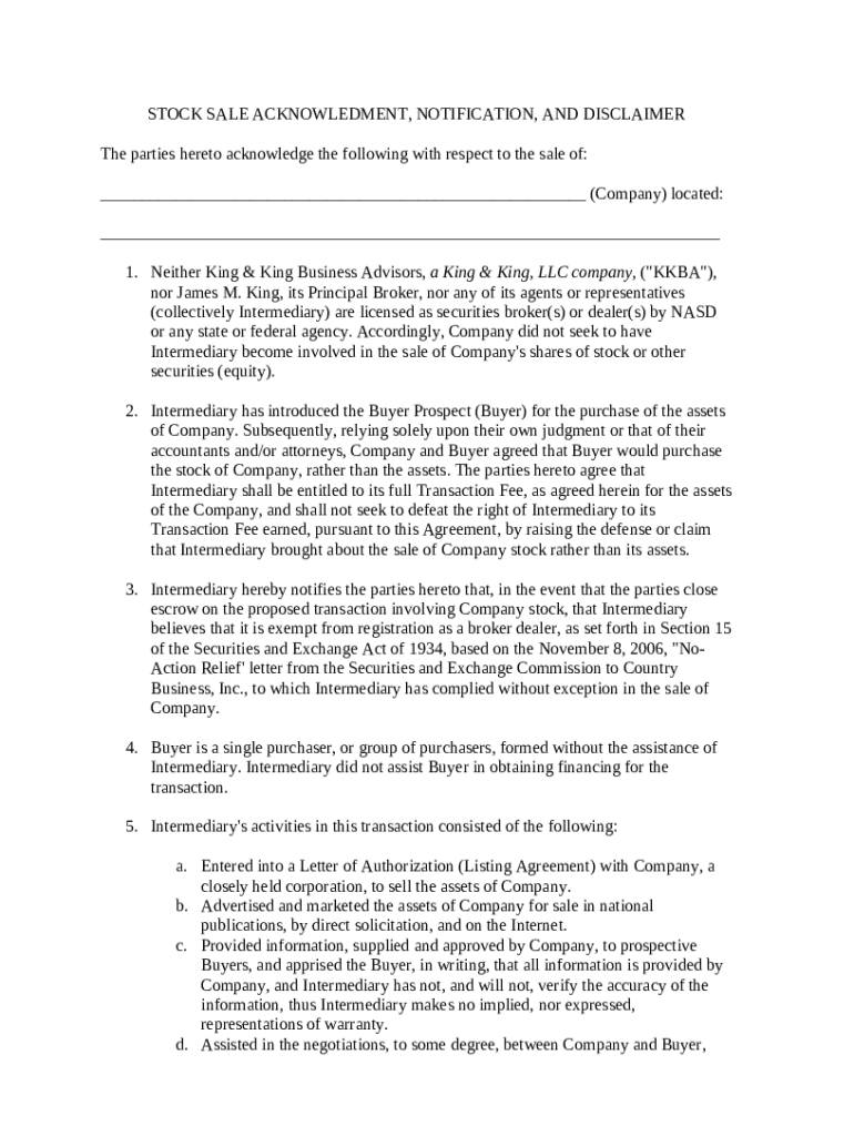 Stock Sale Acknowledgment Doc Template | pdfFiller