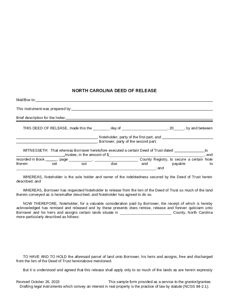 DEED OF TRUST-NORTH CAROLINA DEED OF RELEASE. Deed of Trust Release Doc ...