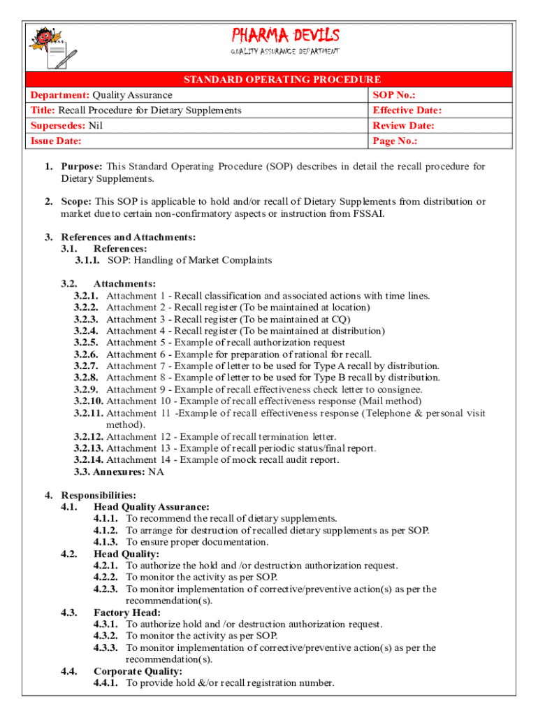 Fillable Online Recall Procedure for Dietary Supplements - Quality ...