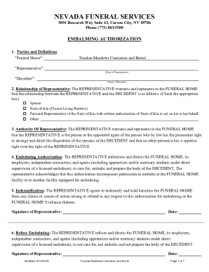 Fillable Online Embalming Authorization - Truckee Meadows Cremation ...