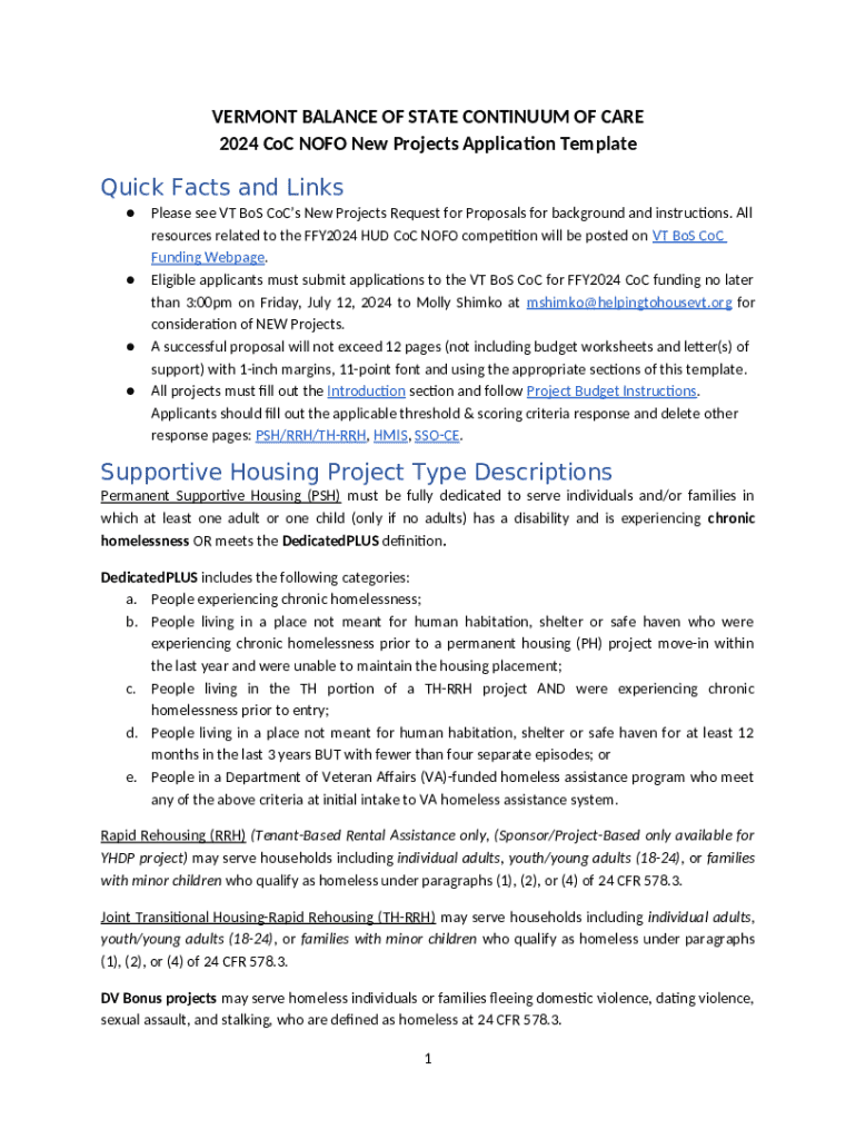 VT BoS CoC New Projects Application Template 2024 Doc Template | pdfFiller