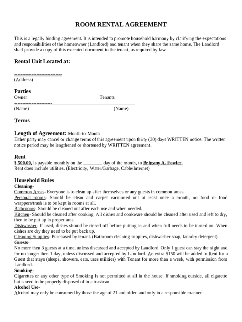 Room Rental Agreement Template 1 PDF - Landlord Doc Template | pdfFiller