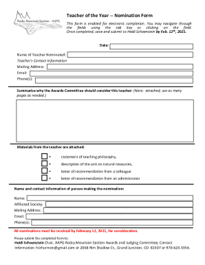 Fillable Online Teacher of the Year Nomination Form 2021 - Aapg Rocky ...