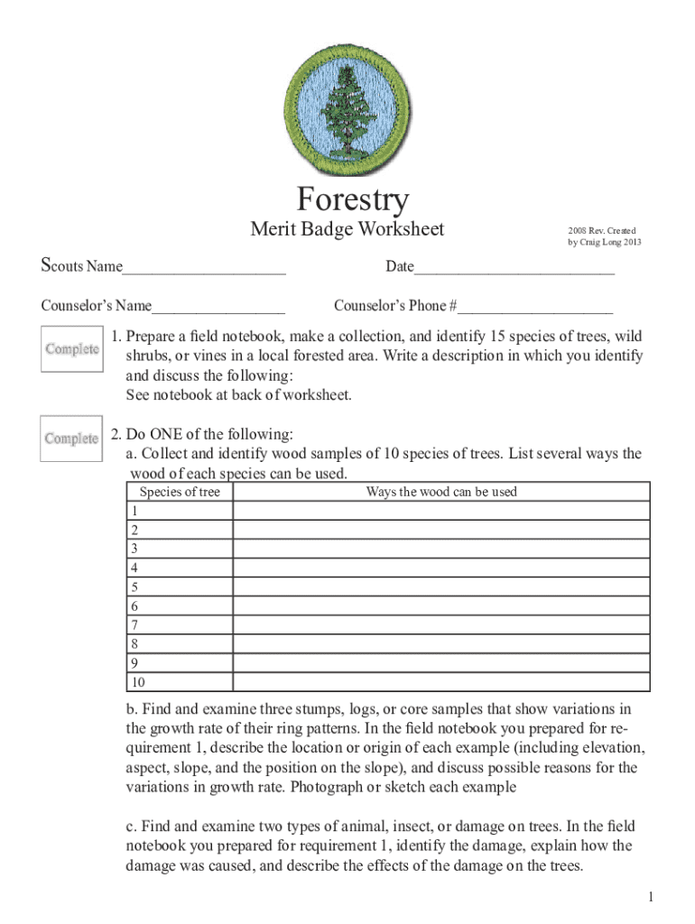 Fillable Online Forestry Merit Badge Worksheet 2008: Essential Skills ...