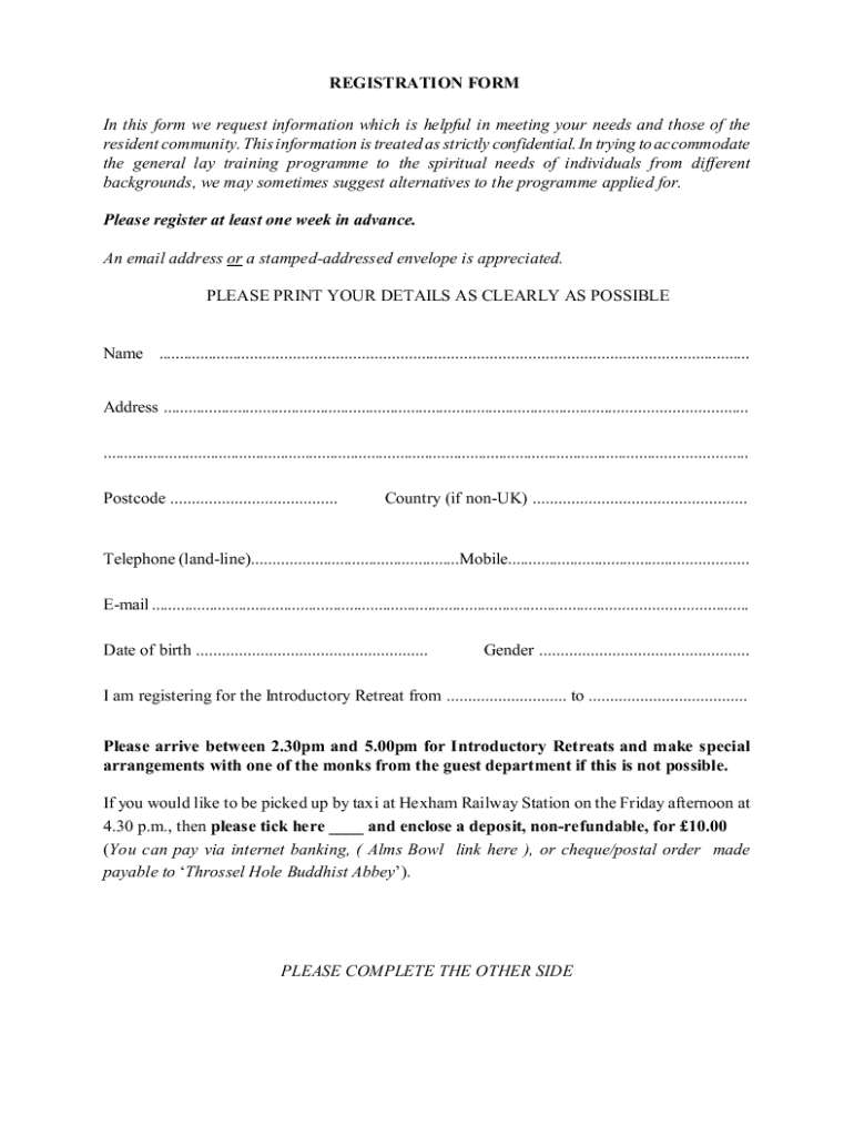 Fillable Online Throssel Hole Buddhist Abbey Registration Form 2023 Fax Email Print - pdfFiller