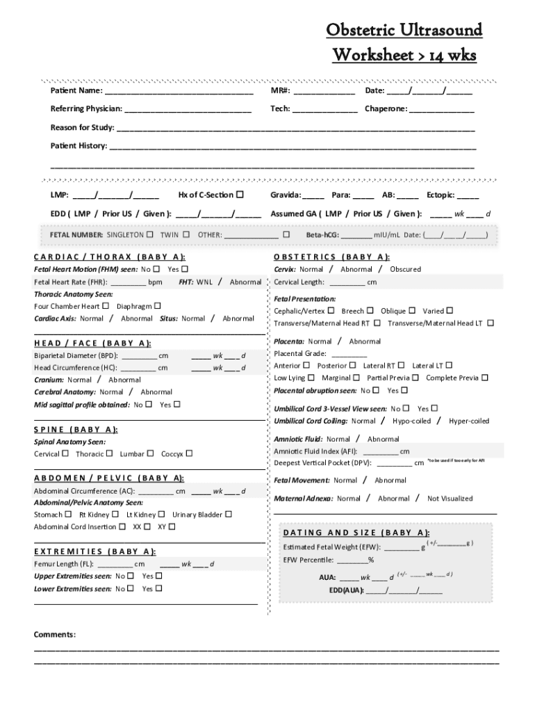 Fillable Online Obstetric Ultrasound Worksheet for Patients Over 14 ...