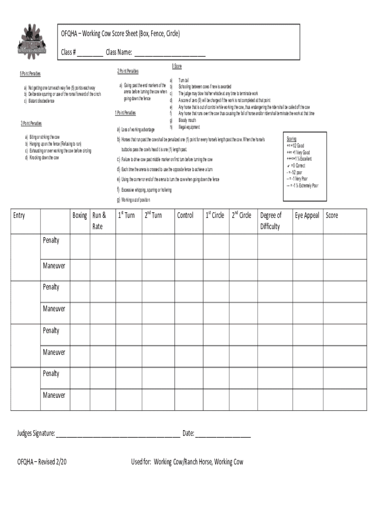 Fillable Online working cow horse reined work - score sheet pattern 2 ...
