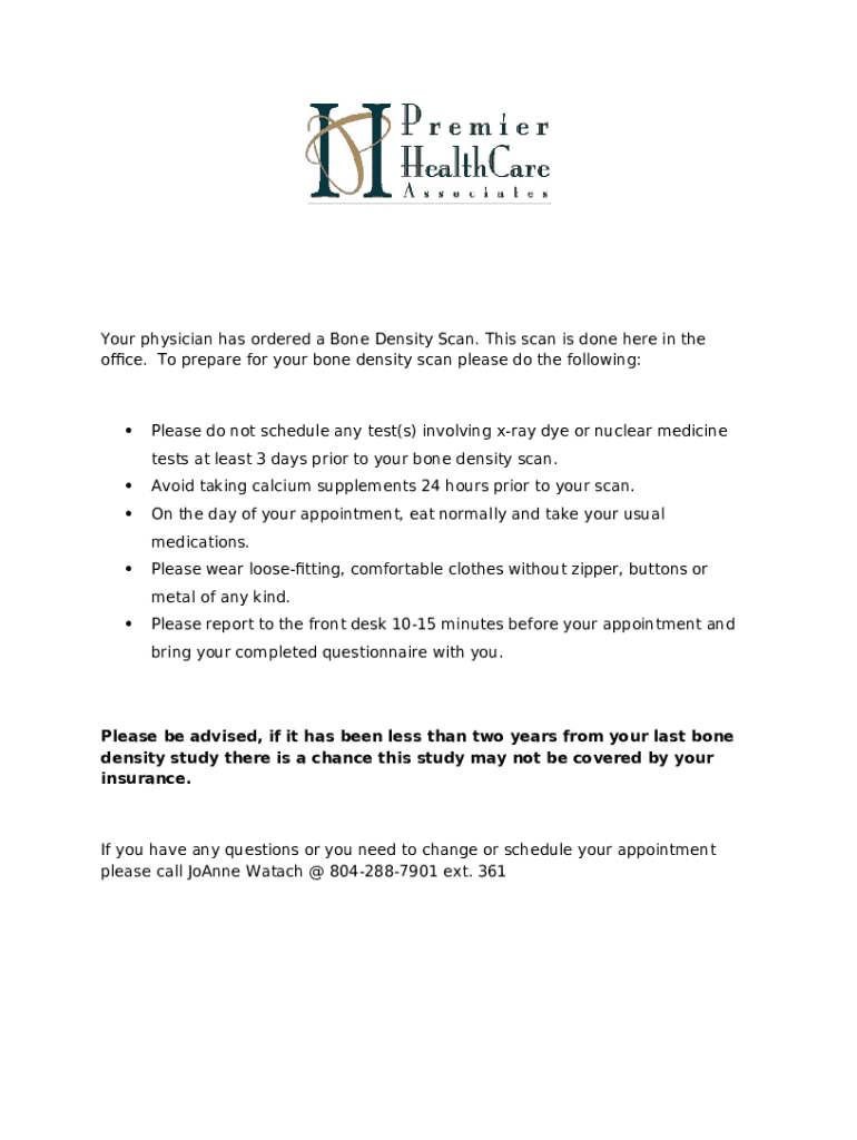 Bone Density Scan Preparation & Questionnaire Doc Template | pdfFiller