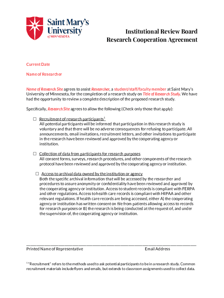 Institutional Review Board Research Cooperation Agreement Doc Template | pdfFiller