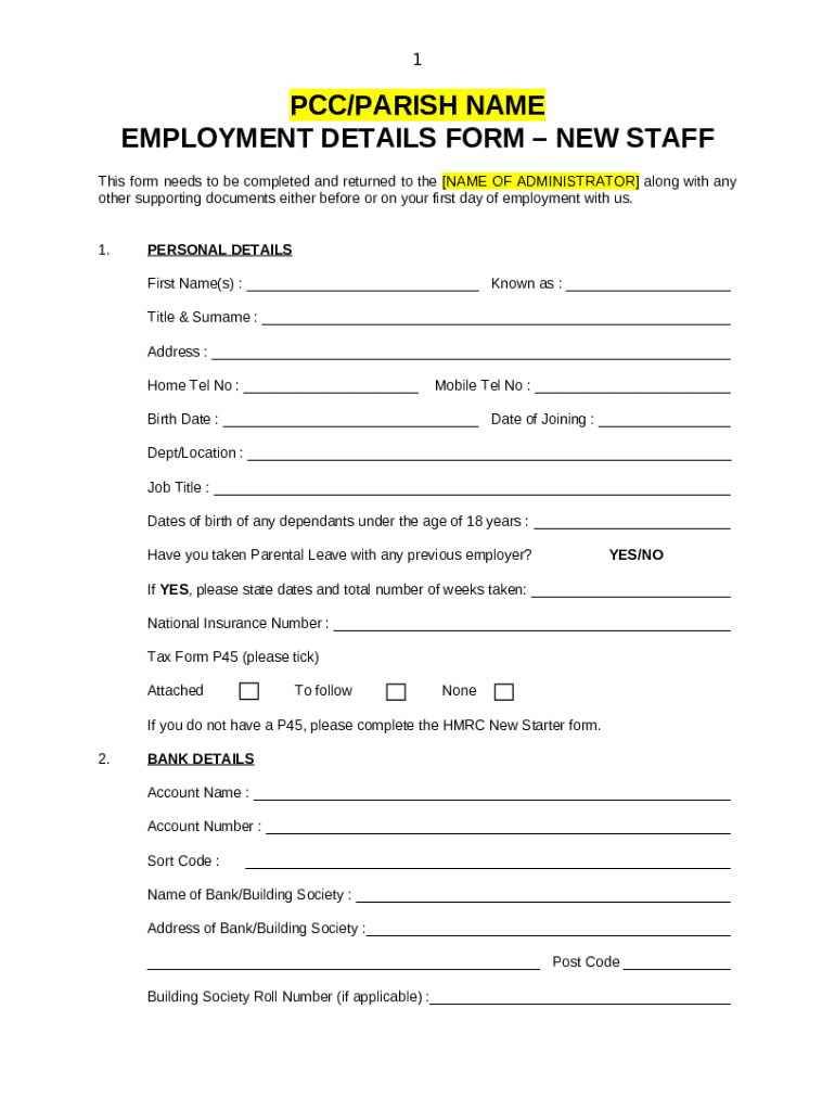 pcc/parish name employment details Doc Template | pdfFiller