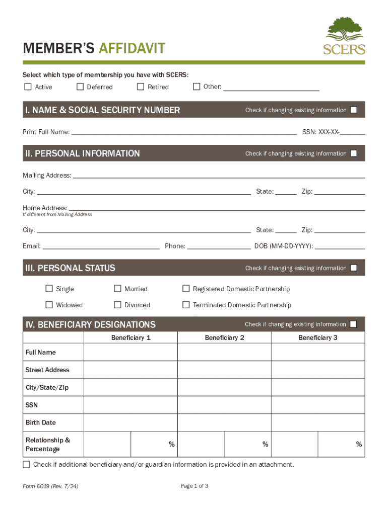Fillable Online SCERS Member Affidavit Form #6019 Fax Email Print ...
