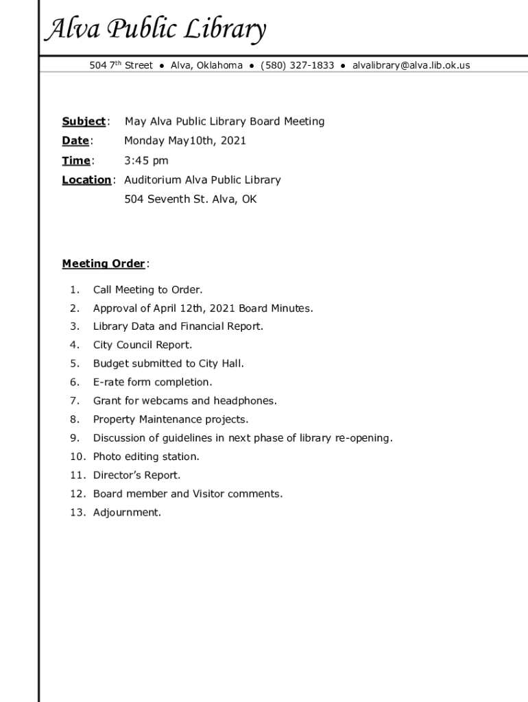 Fillable Online Location: Auditorium Alva Public Library Fax Email ...