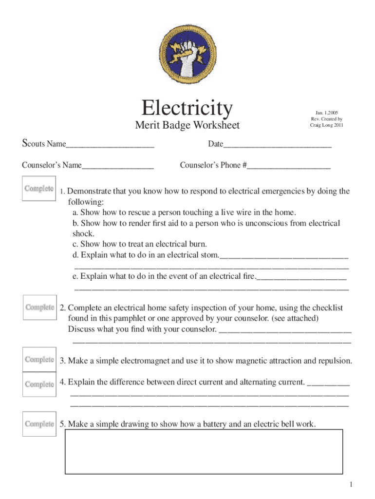 Fillable Online The Electricity Merit BadgeRequirements and Guides Fax ...