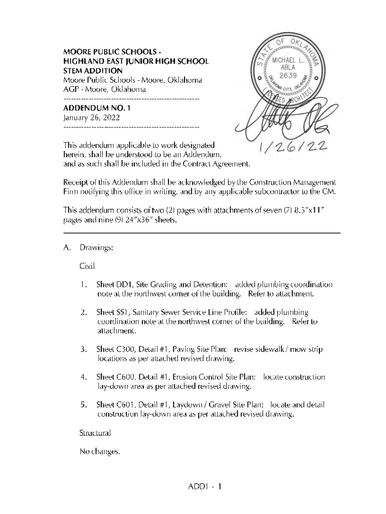 Fillable Online Addendum No. 1 for Highland East Junior High Project 2022 Fax Email Print ...
