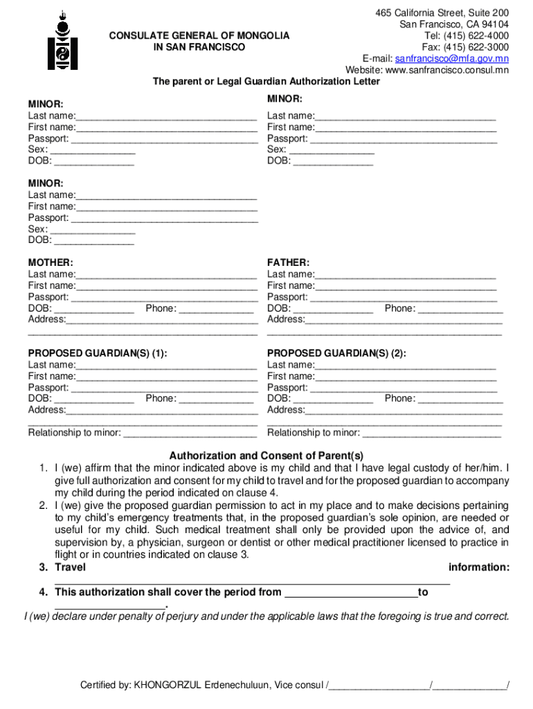 Fillable Online Parent Legal Guardian Authorization Letter for Minors - 2023 Fax Email Print ...