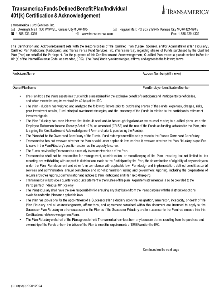 Fillable Online Transamerica Funds Certification & Acknowledgement 401 ...