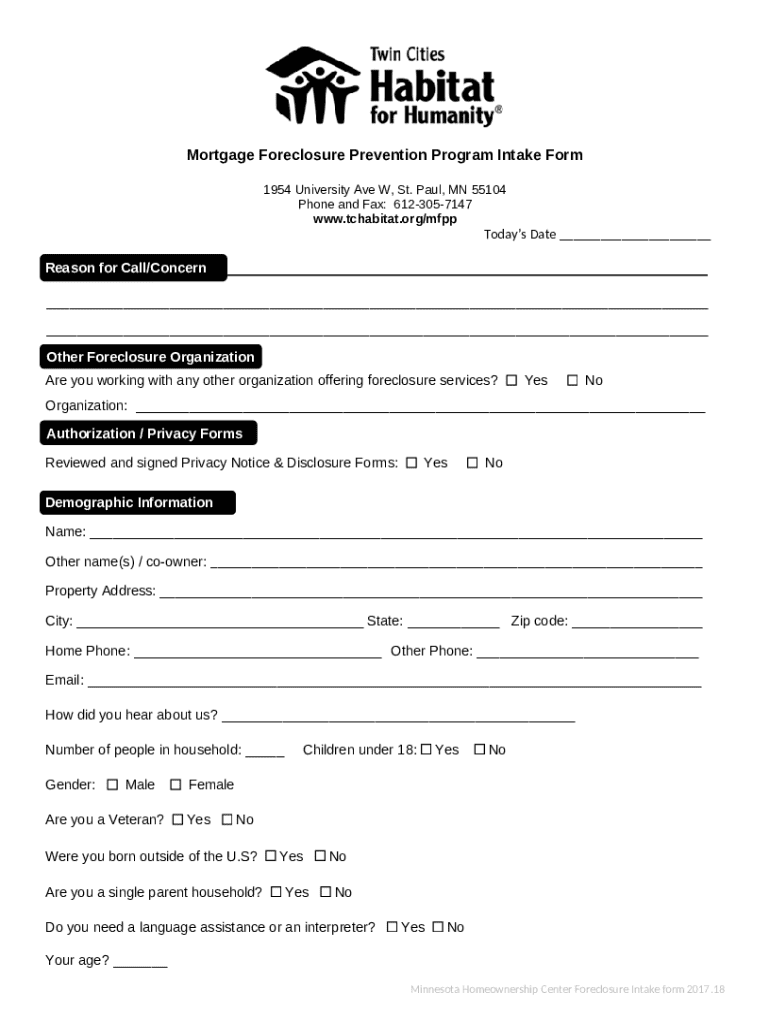 Mortgage Foreclosure Prevention Program Intake Doc Template | pdfFiller