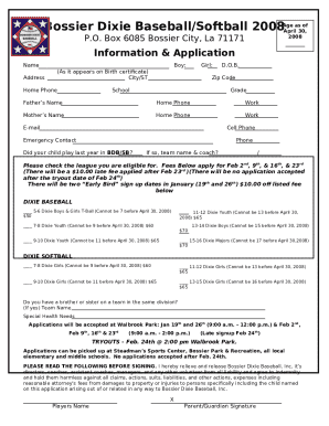 dixie youth baseball/softball - registration Doc Template | pdfFiller