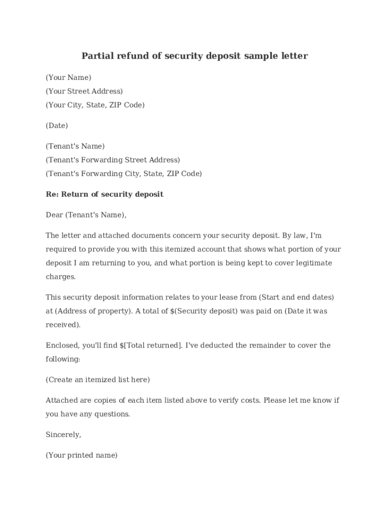 Partial Refund of Security Deposit Sample Letter Doc Template | pdfFiller