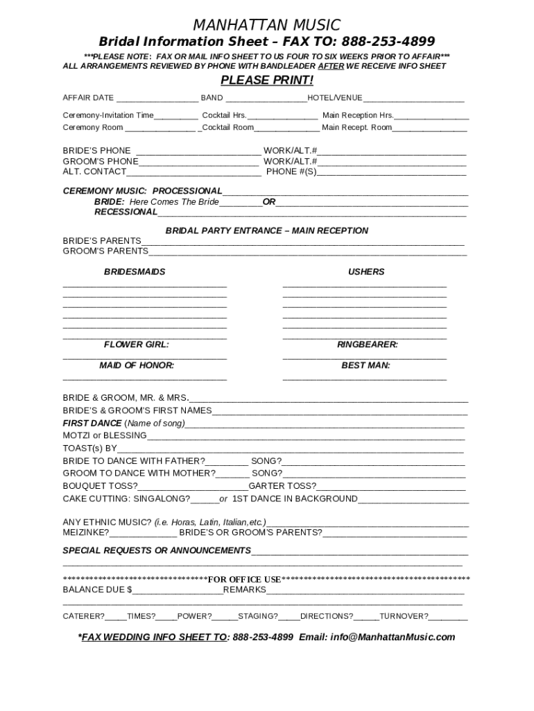 Bridal Ination Sheet Doc Template | pdfFiller