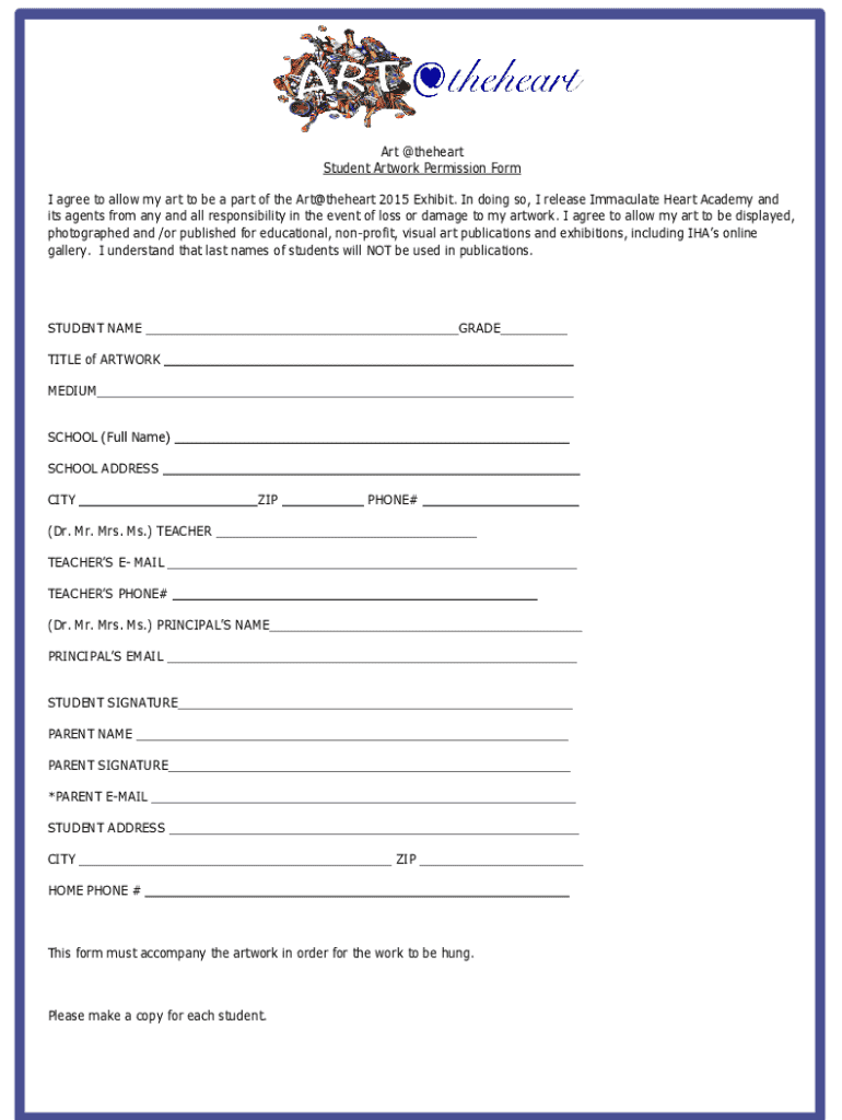 Fillable Online Art theheart Student Artwork Permission Form Fax Email Print - pdfFiller
