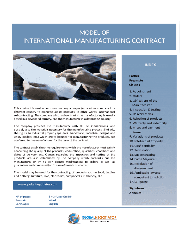 International Manufacturing Agreement Sample Template Doc Template | pdfFiller