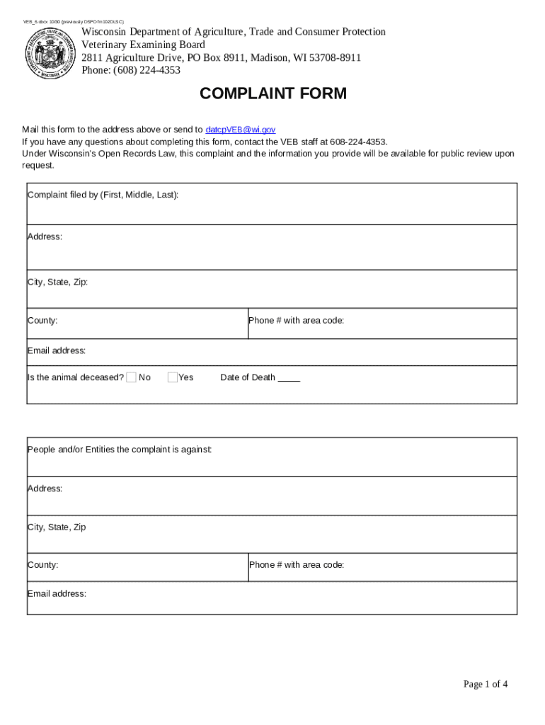 Veb Complaint - datcp wi Doc Template | pdfFiller