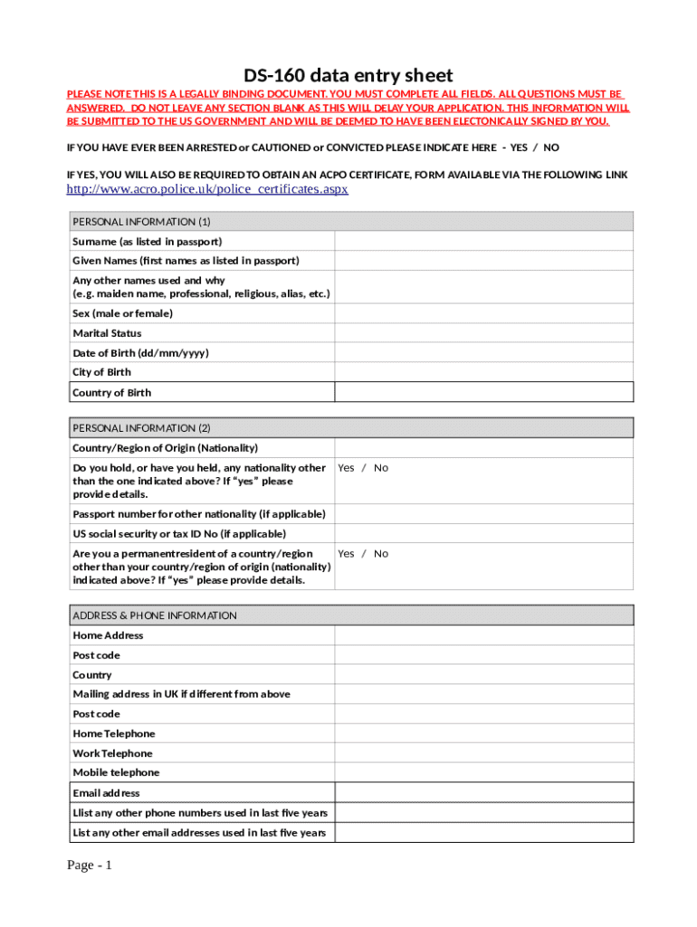 Ds-160 Data Entry Sheet Doc Template | pdfFiller