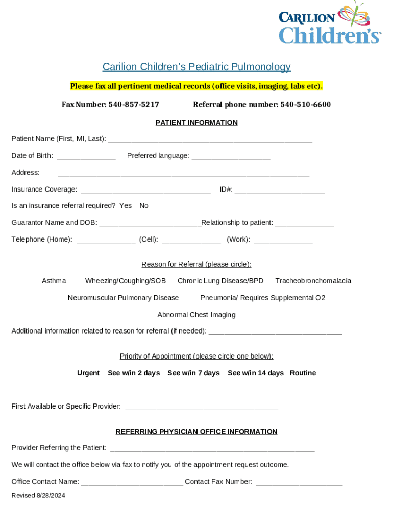 Carilion Children’s Pediatric Pulmonology Referral Doc Template | pdfFiller
