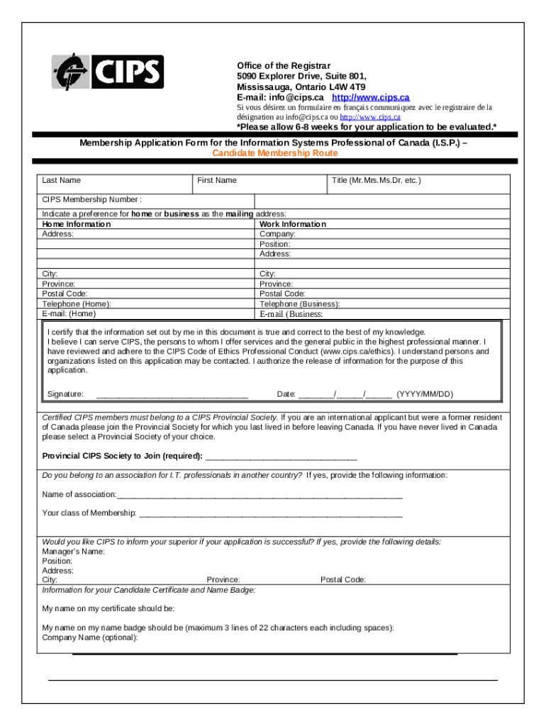 Membership Application for the Ination Systems Professional (i.s.p.) Doc Template | pdfFiller