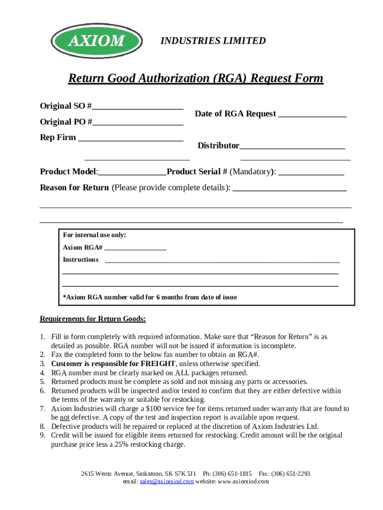 Return Good Authorization (rga) Request Doc Template | pdfFiller