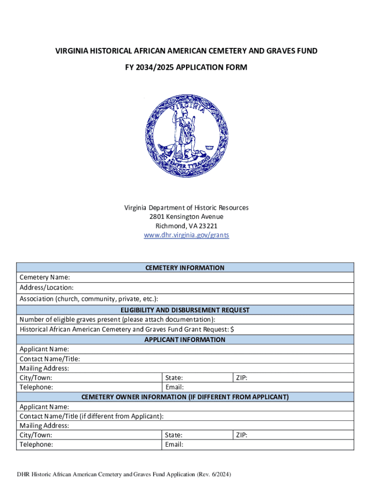 Fillable Online Virginia Historical African American Cemetery Fund Application 2024-2025 Fax ...