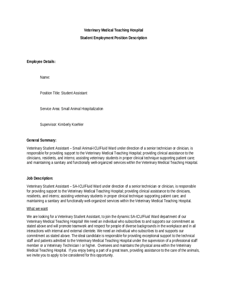 Veterinary Medical Teaching Hospital - Student Employment Position ...
