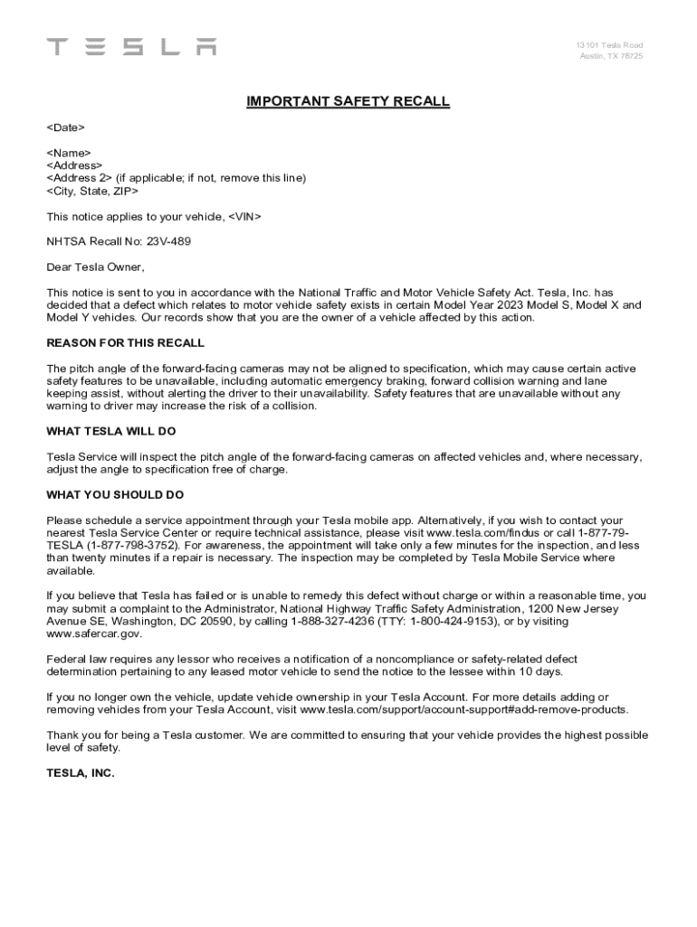 Fillable Online 2023 Tesla Safety Recall Notification for Model S, X, Y ...