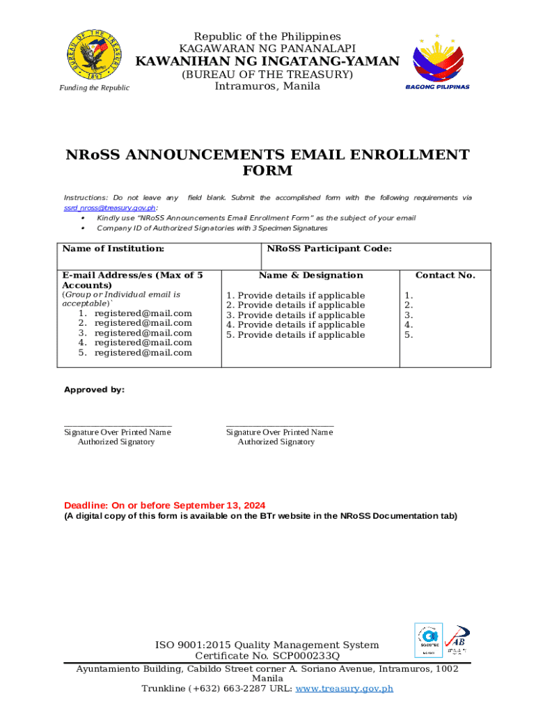 Nross Announcements Email Enrollment Doc Template | pdfFiller