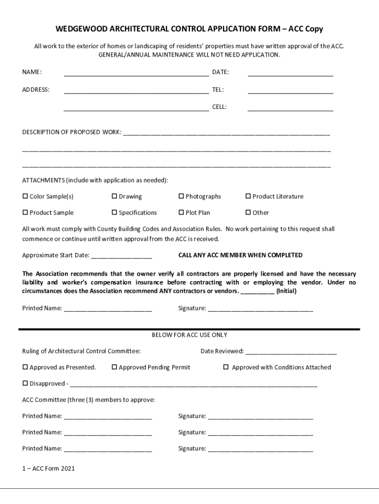 Fillable Online WEDGEWOOD ARCHITECTURAL CONTROL APPLICATION FORM ...