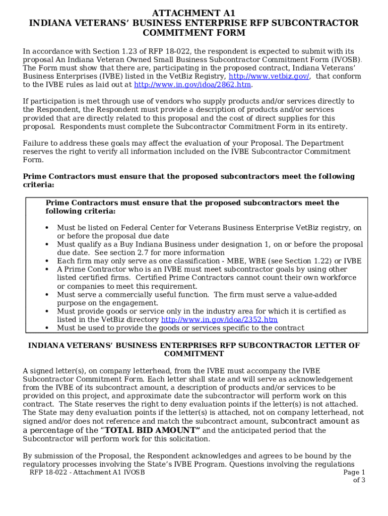 Indiana Veterans' Business Enterprise Rfp Subcontractor Commitment Doc ...