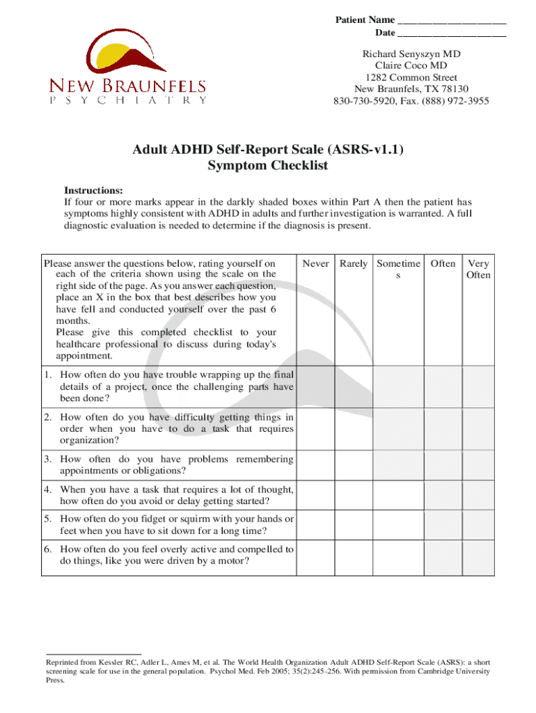Fillable Online Adult Adhd Self-report Scale (asrs-v1.1) Symptom ...