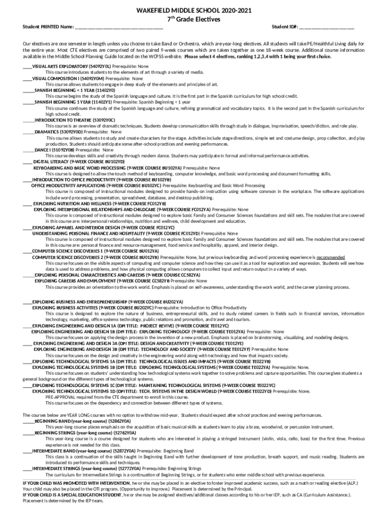2020-2021 Wakefield Middle School 7th Grade Electives Doc Template ...