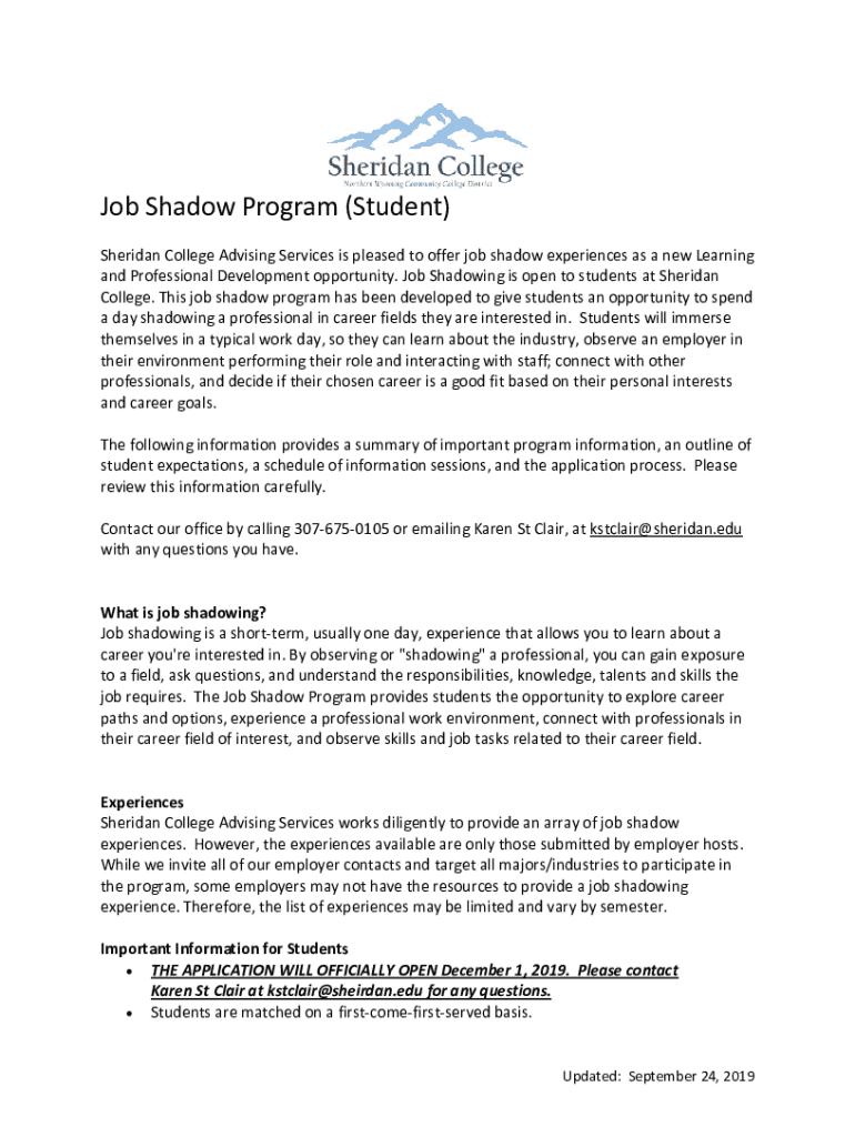Fillable Online Job Shadow Program for Students - Sheridan College 2019 ...