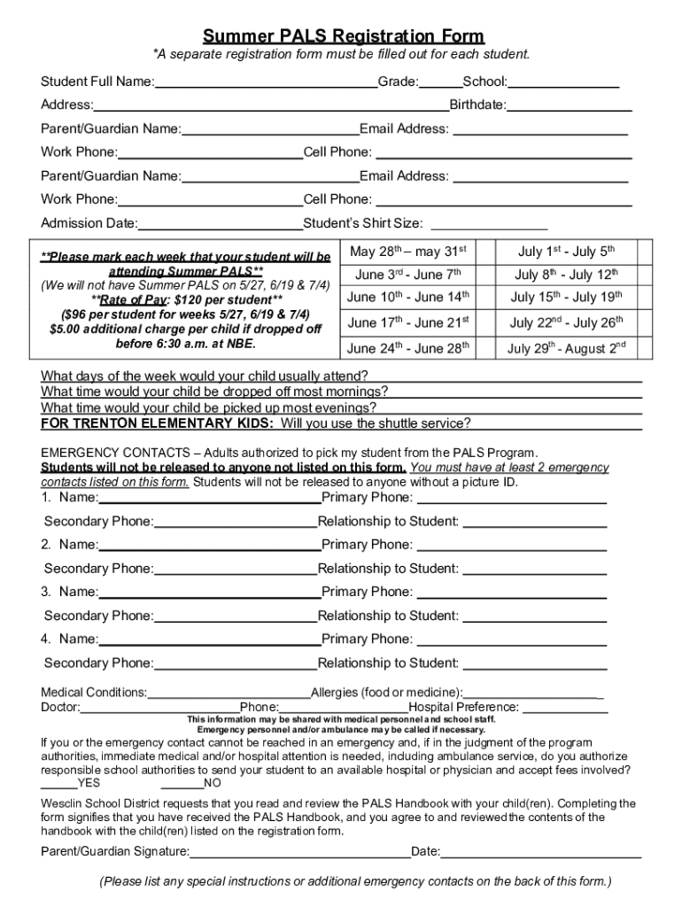 Fillable Online Summer PALS Registration Form Fax Email Print - pdfFiller