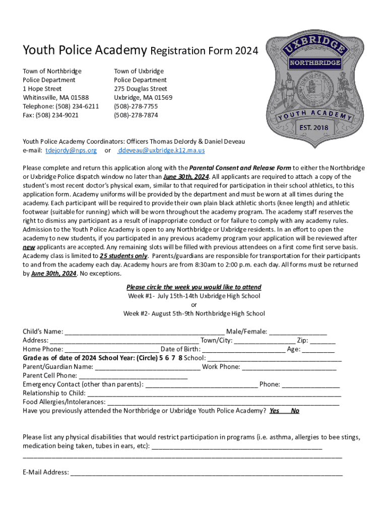 Fillable Online Youth Police Academy Registration Form 2024 Fax Email ...