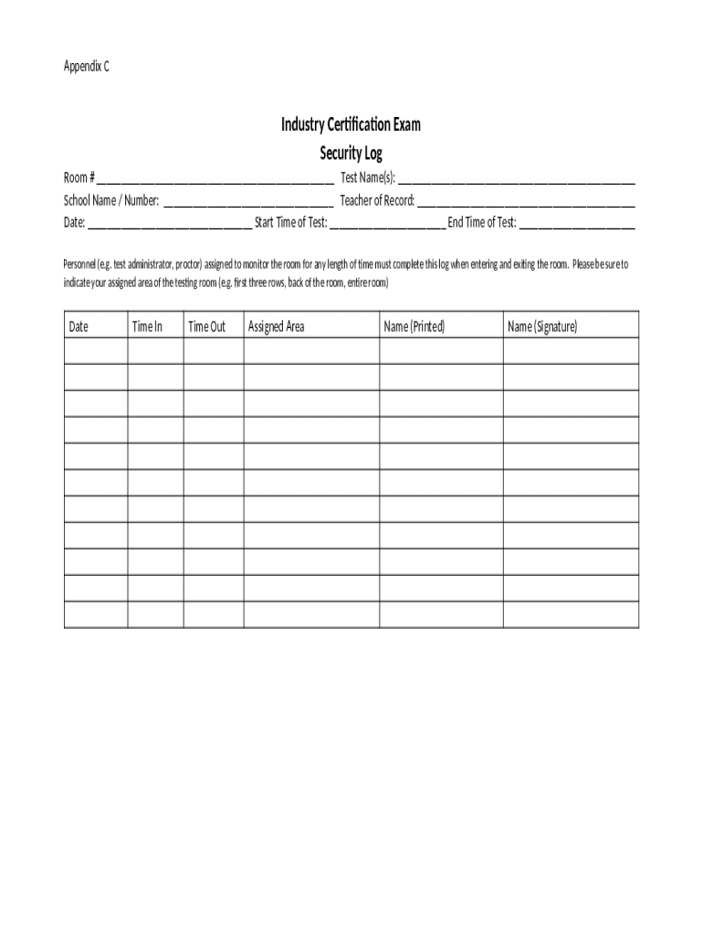 Industry Certification Exam Security Log Doc Template | pdfFiller